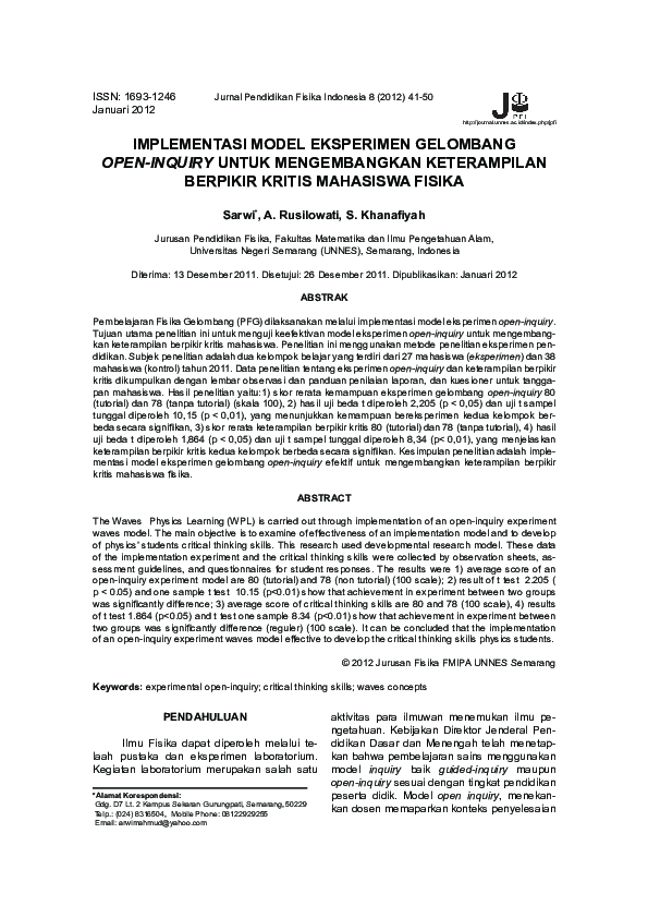 (PDF) Implementasi Model Eksperimen Gelombang Open-Inquiry Untuk Mengembangkan Keterampilan ...