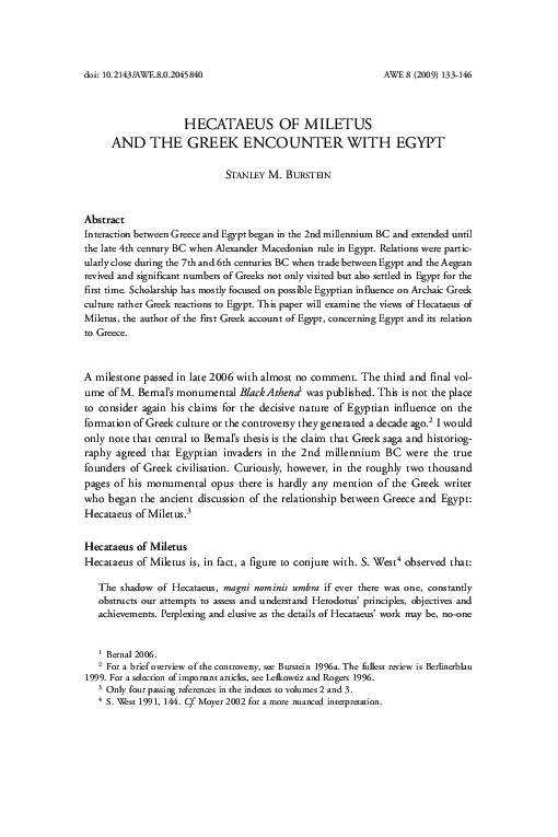 (PDF) Hecataeus of Miletus and the Greek Encounter with Egypt