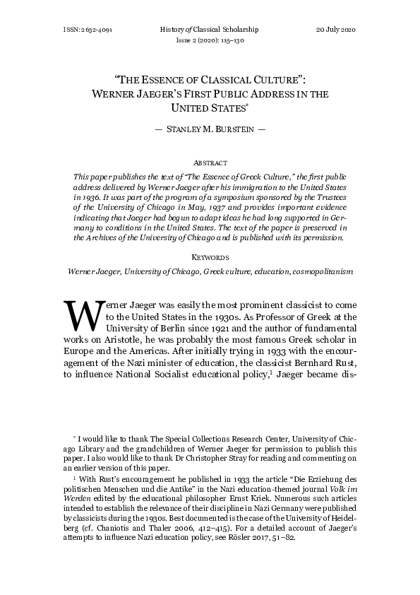(PDF) “The Essence of Classical Culture”: Werner Jaeger’s First Public ...
