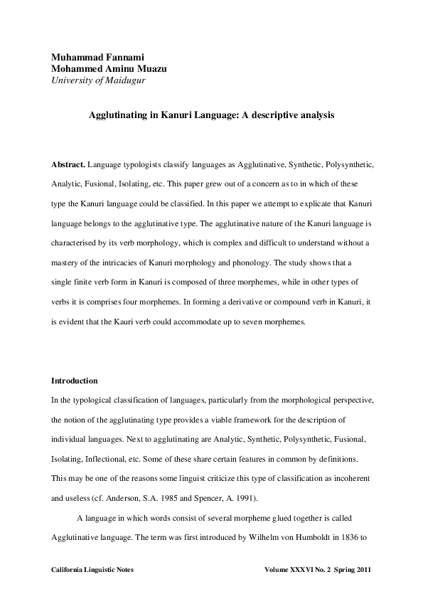 (PDF) Agglutinating in Kanuri Language: A descriptive analysis