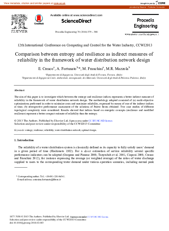 (PDF) Comparison between Entropy and Resilience as Indirect Measures of Reliability in the ...