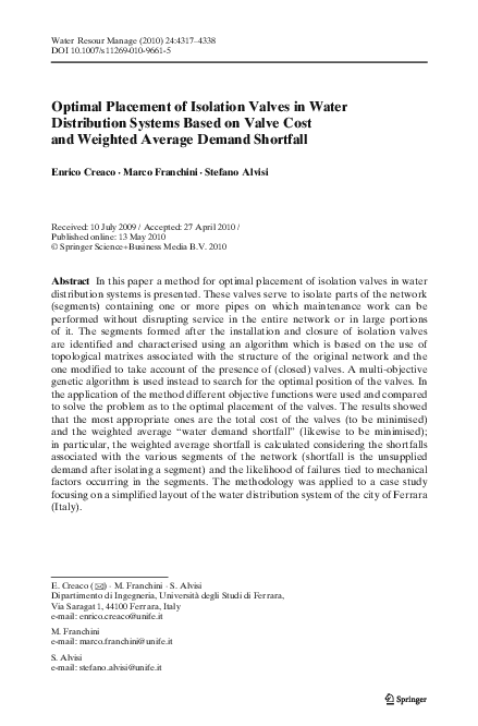 (PDF) Optimal Placement of Isolation Valves in Water Distribution Systems Based on Valve Cost ...