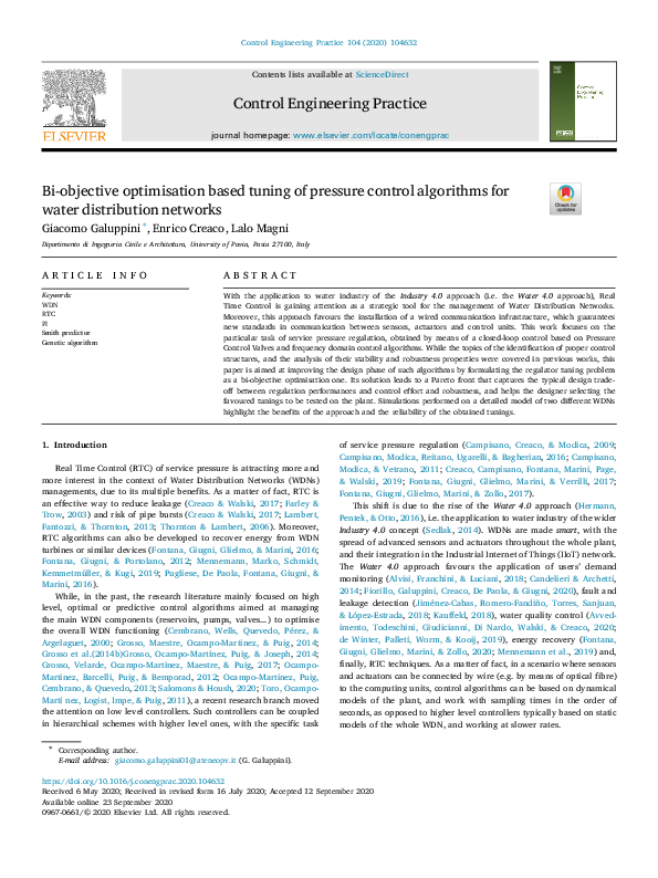 Pdf Bi Objective Optimisation Based Tuning Of Pressure Control Algorithms For Water