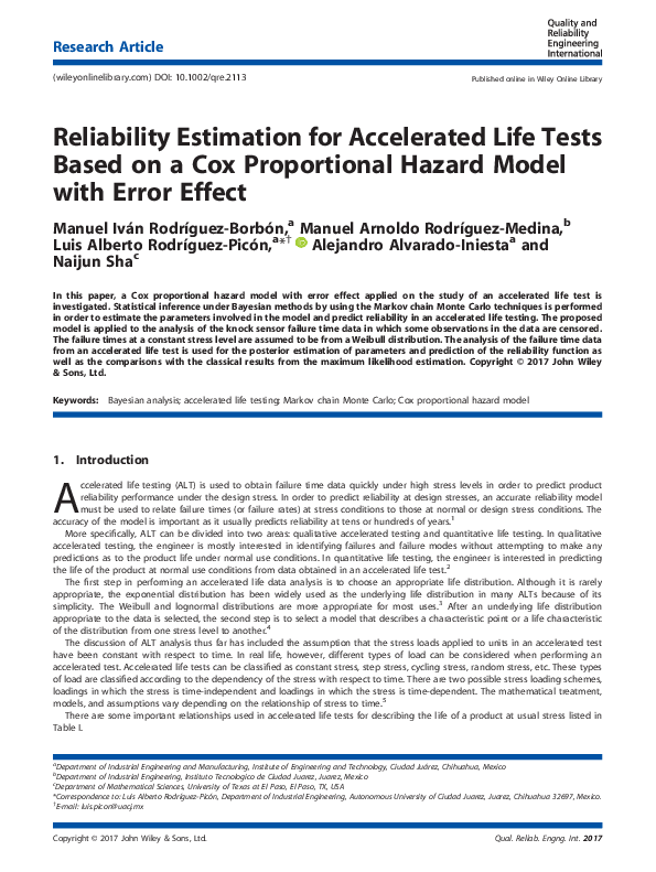 Reliability Estimation For Accelerated Life Tests Based On A Cox 0004