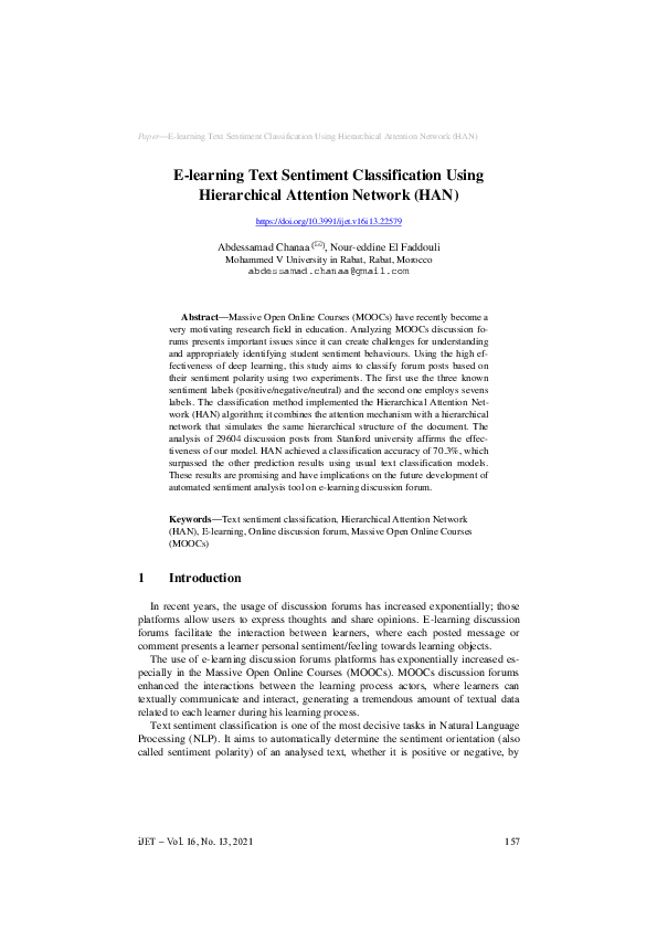 Pdf E Learning Text Sentiment Classification Using Hierarchical Attention Network Han 