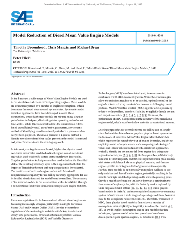(PDF) Model Reduction of Diesel Mean Value Engine Models