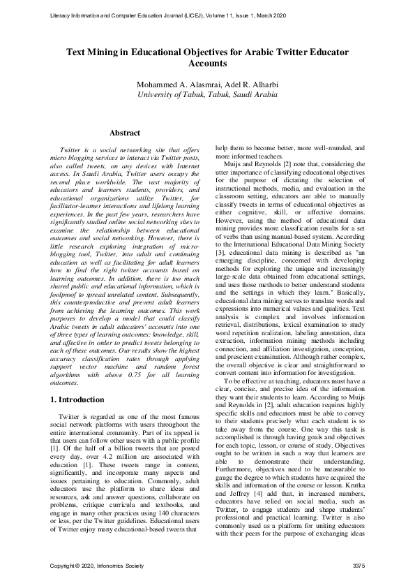 (PDF) Text Mining in Educational Objectives for Arabic Twitter Educator Accounts