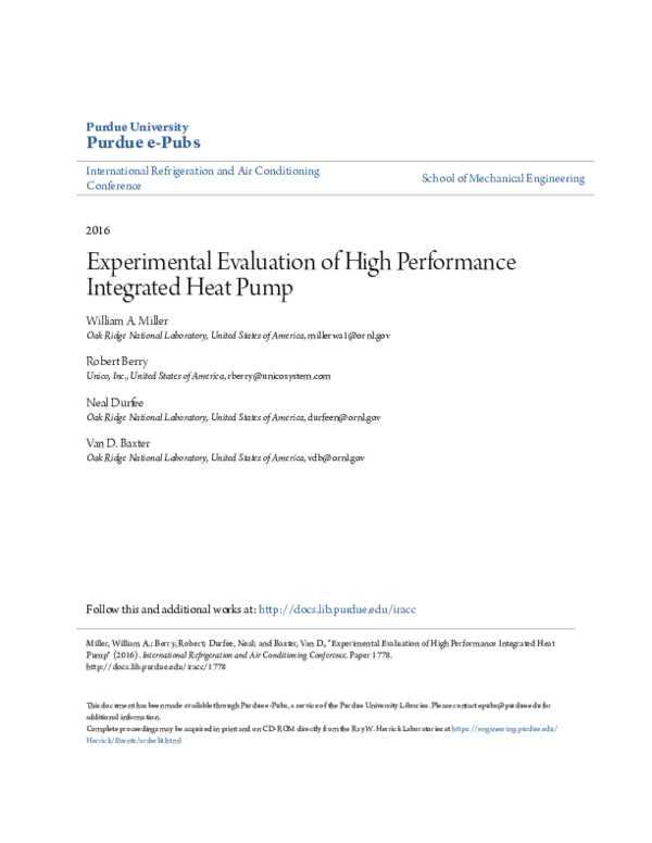 (PDF) Experimental Evaluation of High Performance Integrated Heat Pump
