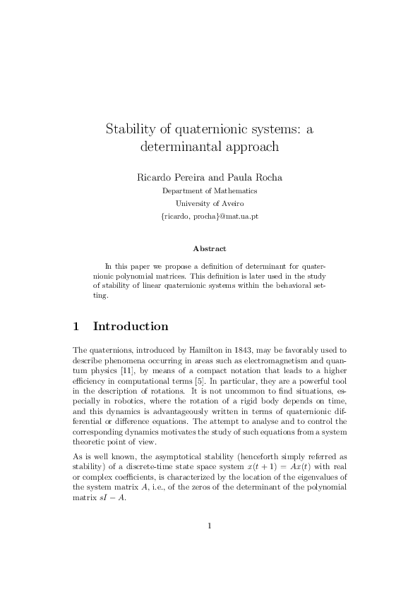 (PDF) Stability of quaternionic systems: a determinantal approach