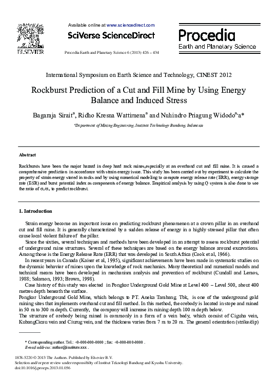 (PDF) Rockburst Prediction of a Cut and Fill Mine by using Energy Balance and Induced Stress ...