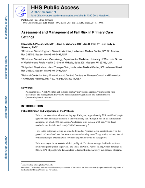 (PDF) Assessment and Management of Fall Risk in Primary Care Settings