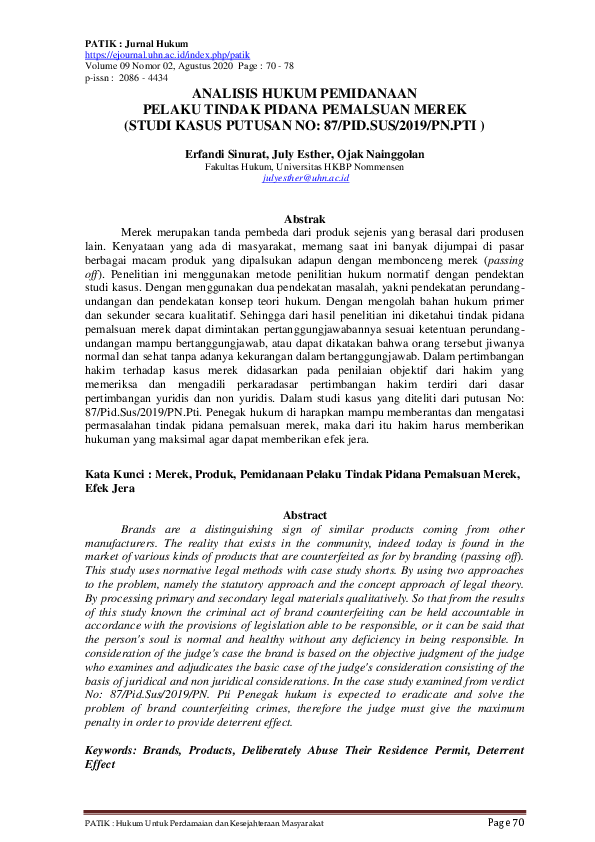 (PDF) Analisis Hukum Pemidanaan Pelaku Tindak Pidana Pemalsuan Merek (Studi Kasus Putusan No: 87 ...