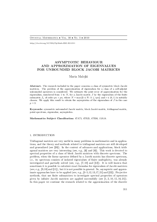 (PDF) Asymptotic behaviour and approximation of eigenvalues for unbounded block Jacobi matrices