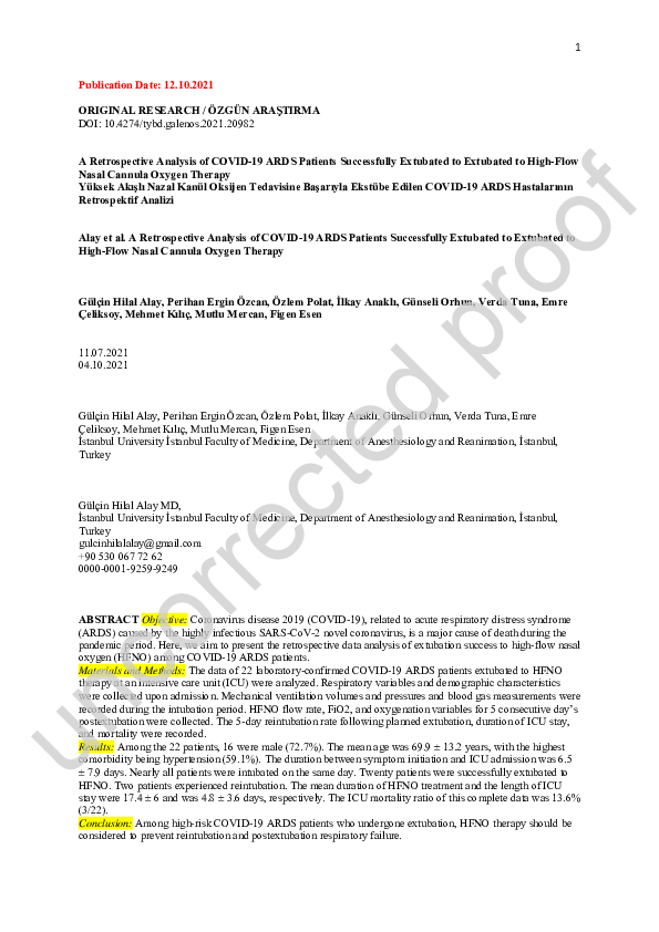 (PDF) COVID-19 ARDS: Success of Extubation to High-Flow Oxygen Therapy