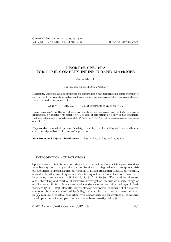 (PDF) Discrete spectra for some complex infinite band matrices