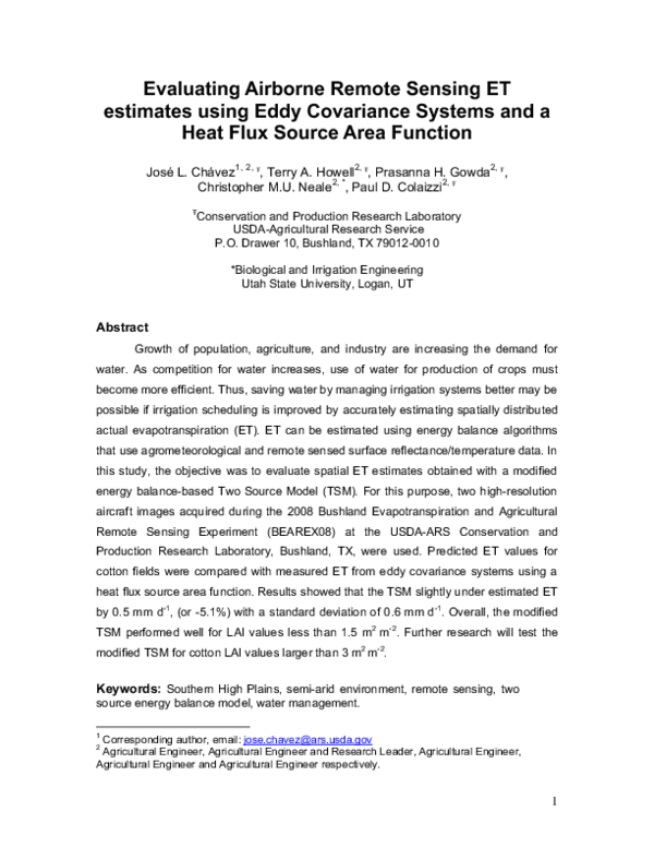 (PDF) Evaluating Airborne Remote Sensing ET estimates using Eddy ...