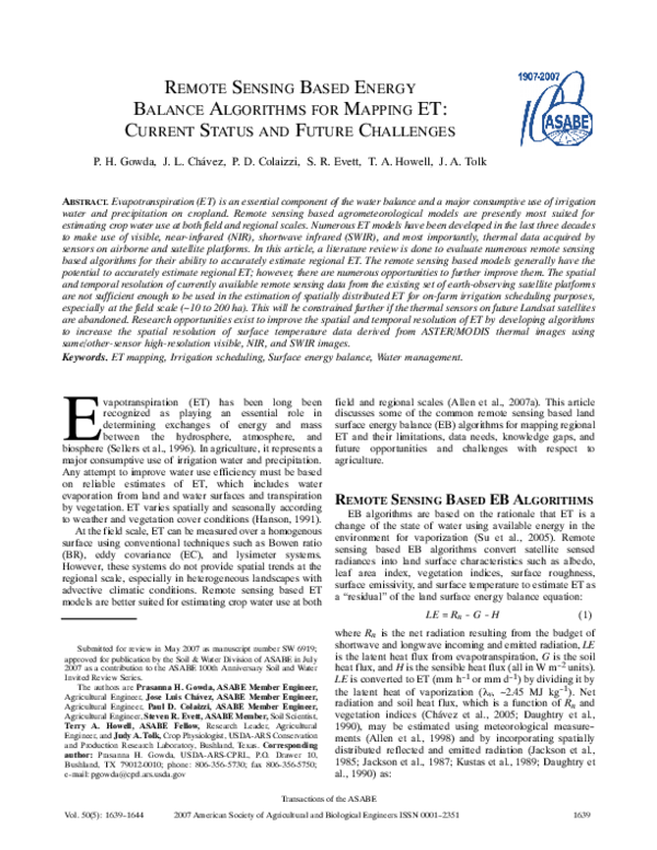 (PDF) Remote Sensing Based Energy Balance Algorithms for Mapping ET: Current Status and Future ...