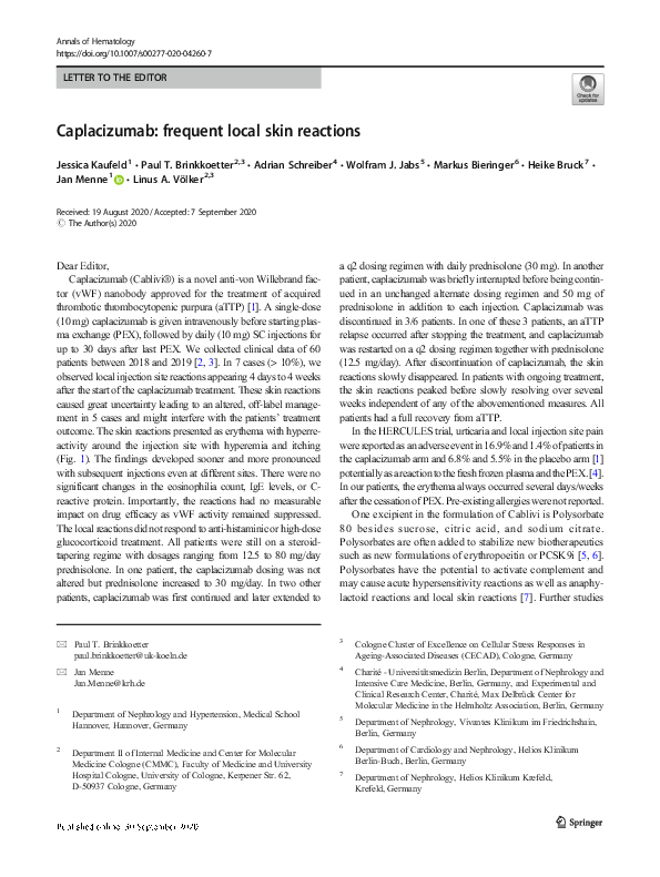 (PDF) Caplacizumab: frequent local skin reactions