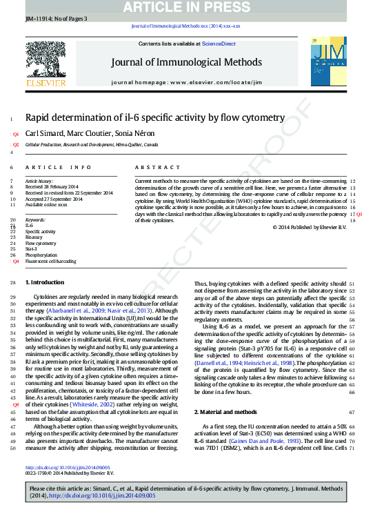 (PDF) Rapid determination of il-6 specific activity by flow cytometry