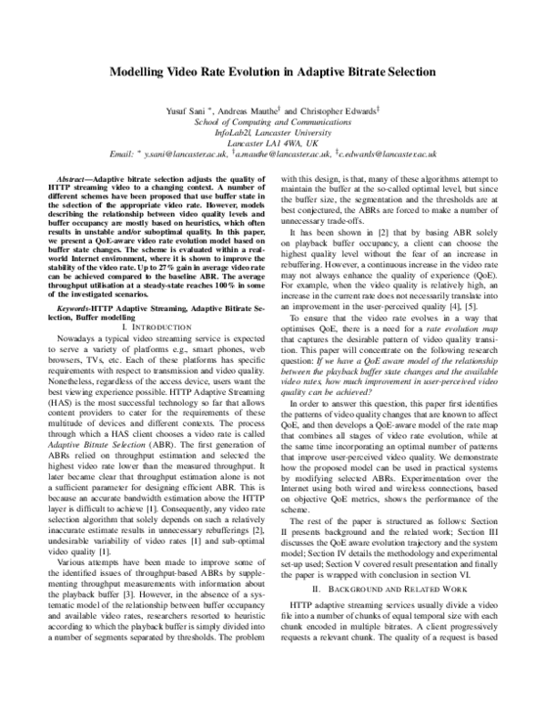 (PDF) Modelling Video Rate Evolution in Adaptive Bitrate Selection