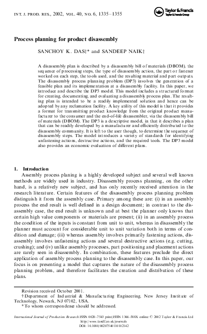(PDF) Process planning for product disassembly