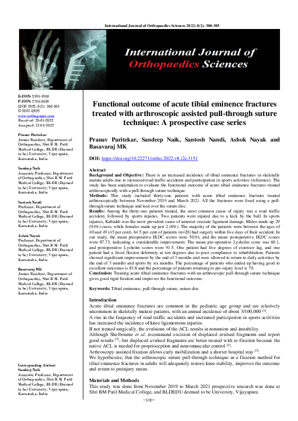 (PDF) Functional outcome of acute tibial eminence fractures treated ...