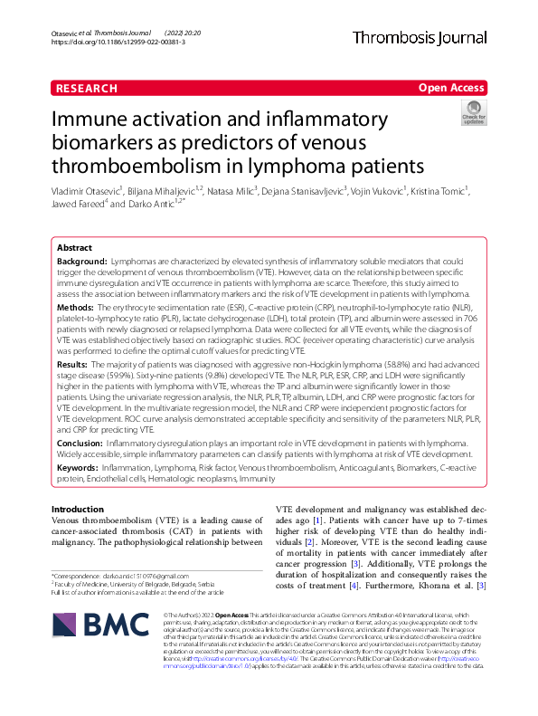 (PDF) Immune Activation and Inflammatory Biomarkers as Predictors of Venous Thromboembolism in ...