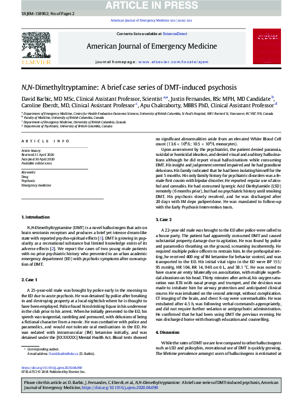 (PDF) N,N-Dimethyltryptamine: A brief case series of DMT-induced psychosis