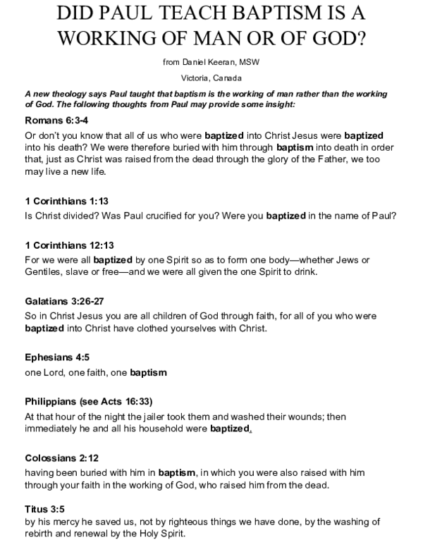 (DOC) DID PAUL TEACH BAPTISM IS A WORKING OF MAN OR OF GOD?