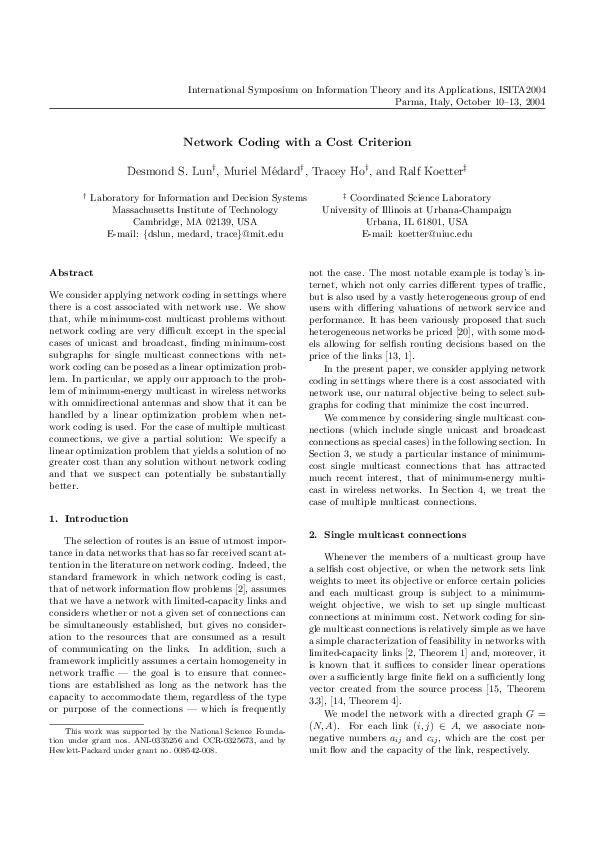 (PDF) Network coding with a cost criterion