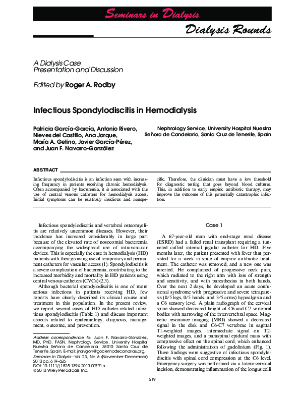 (PDF) Infectious Spondylodiscitis in Hemodialysis