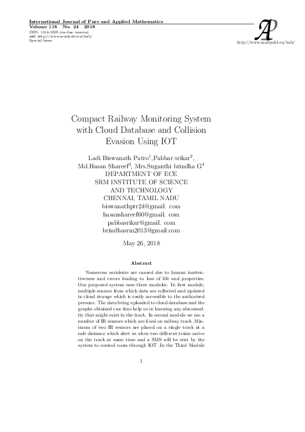 Pdf Compact Railway Monitoring System With Cloud Database And Collision Evasion Using Iot