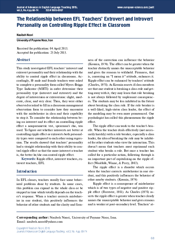 (PDF) The Relationship between EFL Teachers’ Extrovert and Introvert Personality on Controlling ...