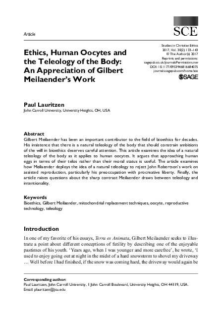 (PDF) Ethics, Human Oocytes and the Teleology of the Body: An ...
