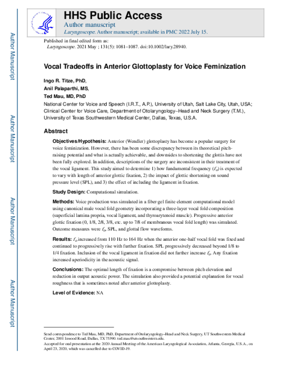 (PDF) Vocal Tradeoffs in Anterior Glottoplasty for Voice Feminization