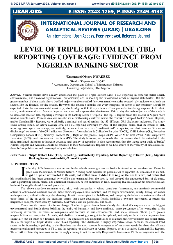 (PDF) LEVEL OF TRIPLE BOTTOM LINE (TBL) REPORTING COVERAGE: EVIDENCE ...