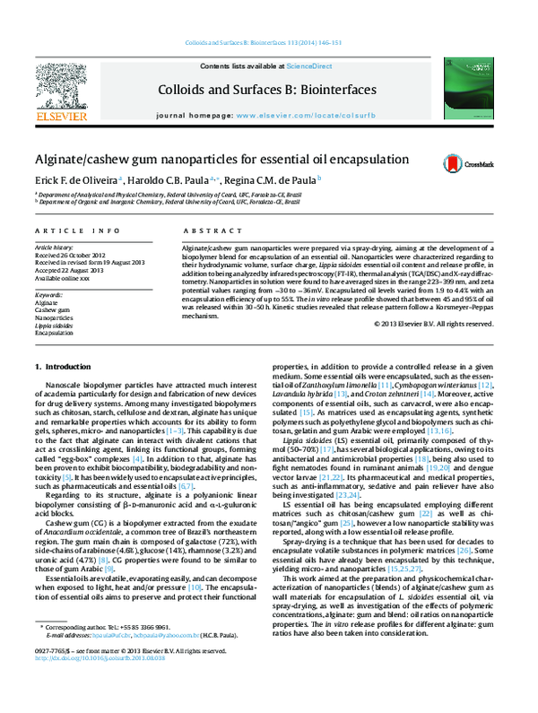 (PDF) Alginate/cashew gum nanoparticles for essential oil encapsulation
