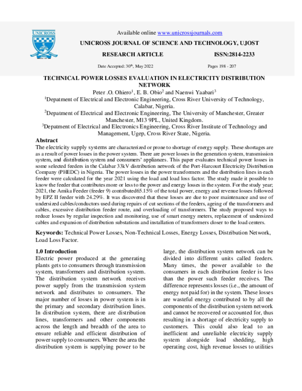 Pdf Technical Power Losses Evaluation In Electricity Distribution Network