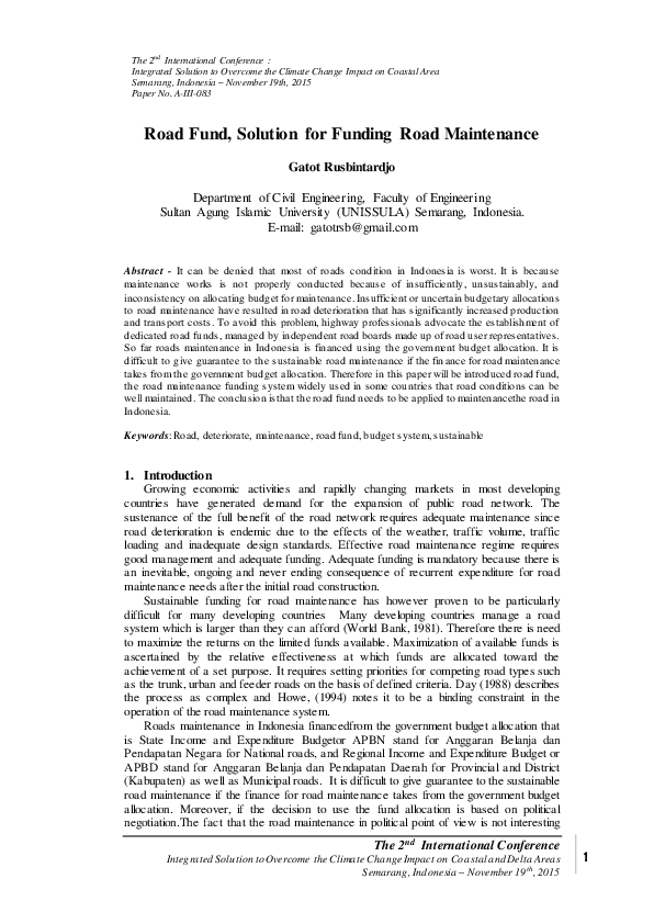 (PDF) Road Fund, Solution for Funding Road Maintenance
