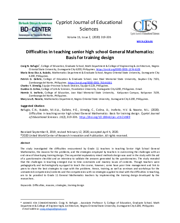 (PDF) Difficulties in teaching senior high school General Mathematics ...