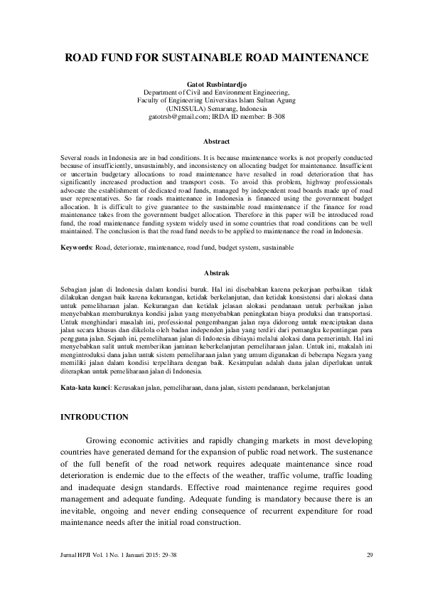 (PDF) Road Fund for Sustainable Road Maintenance