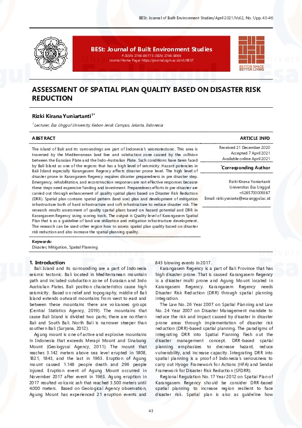 (PDF) Assessment of Spatial Plan Quality Based on Disaster Risk Reduction