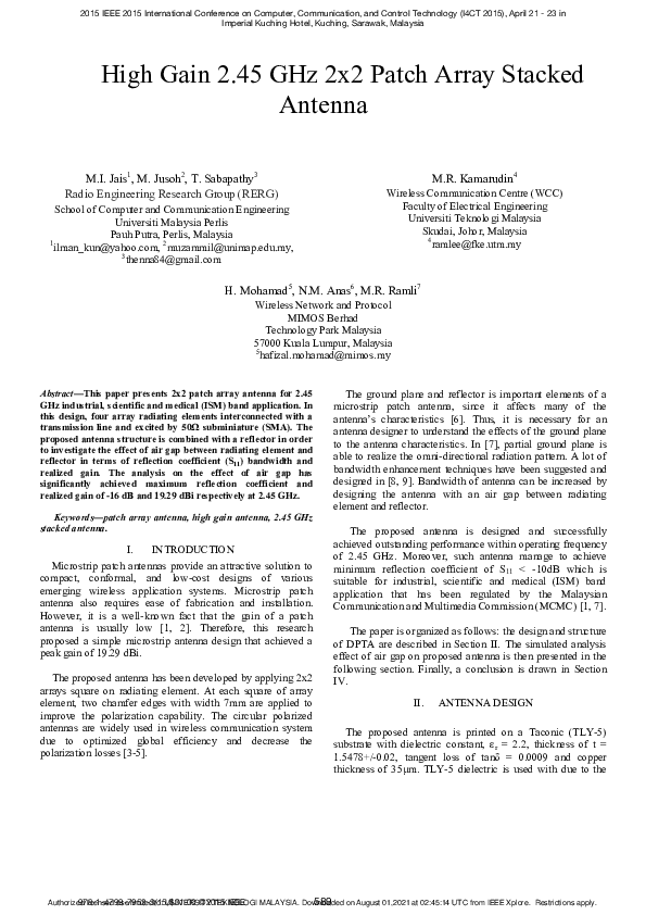 (PDF) High gain 2.45 GHz 2×2 patch array stacked antenna