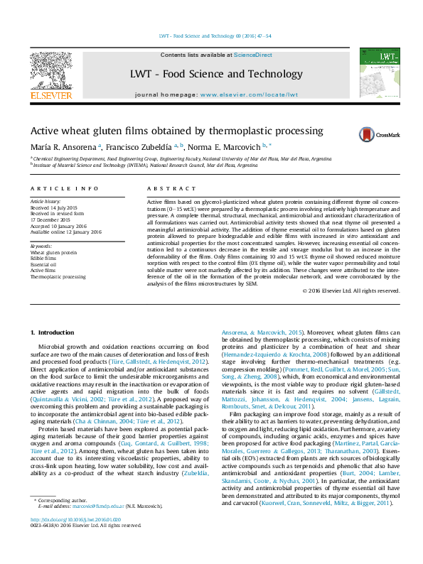 (PDF) Active wheat gluten films obtained by thermoplastic processing