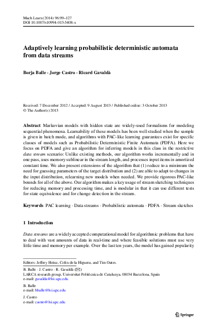 (PDF) Adaptively learning probabilistic deterministic automata from data streams