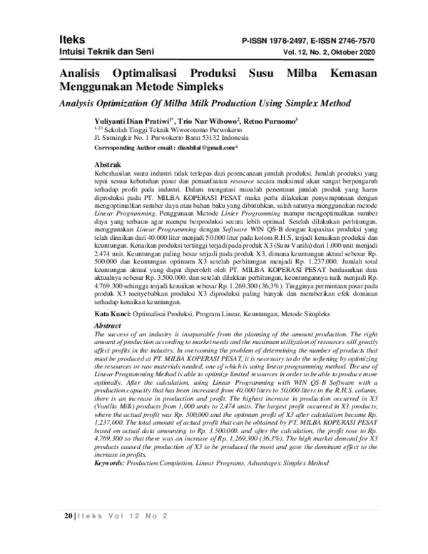 (PDF) Analysis Optimization Of Milba Milk Production Using Simplex Method (PDF) Analysis Optimization Of Milba Milk Production Using Simplex Method