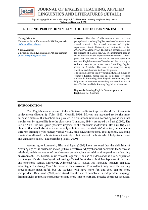 (PDF) Perception Of Students In Using Youtube On Learning English