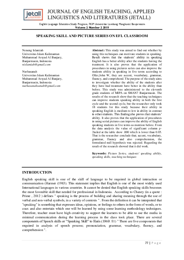 (PDF) Speaking Skill and Picture Series on Efl Classroom