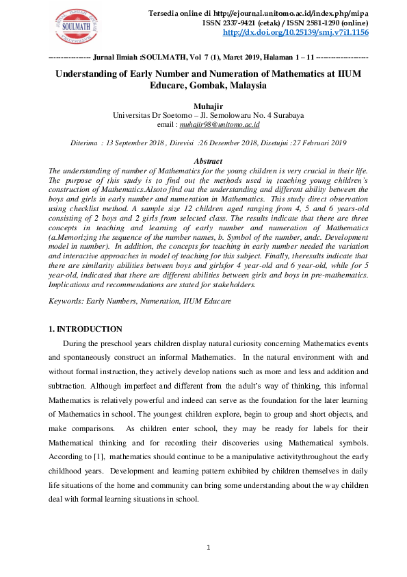 (PDF) Understanding of Early Number and Numeration of Mathematics at ...