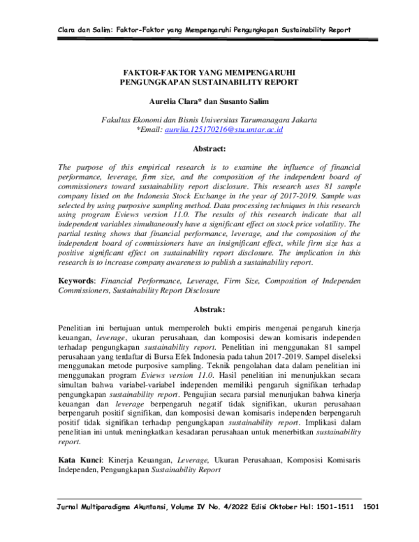 (PDF) Faktor-Faktor Yang Mempengaruhi Pengungkapan Sustainability Report (PDF) Faktor-Faktor Yang Mempengaruhi Pengungkapan Sustainability Report